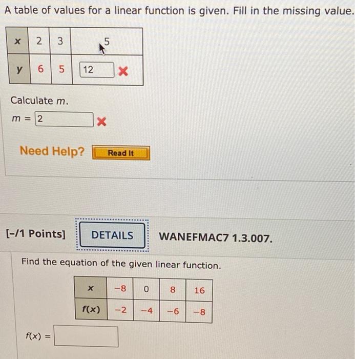 Solved A table of values for a linear function is given. | Chegg.com