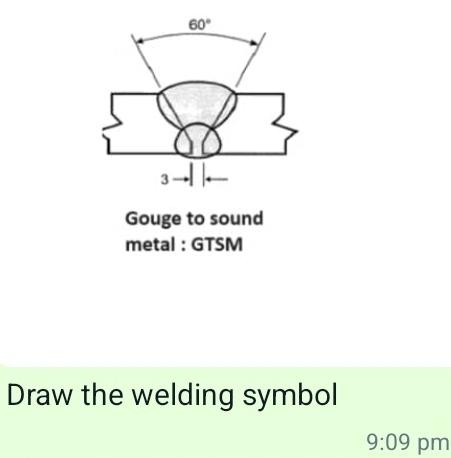 Solved Gouge to soundmetal : GTSMDraw the welding symbol9:09 | Chegg.com