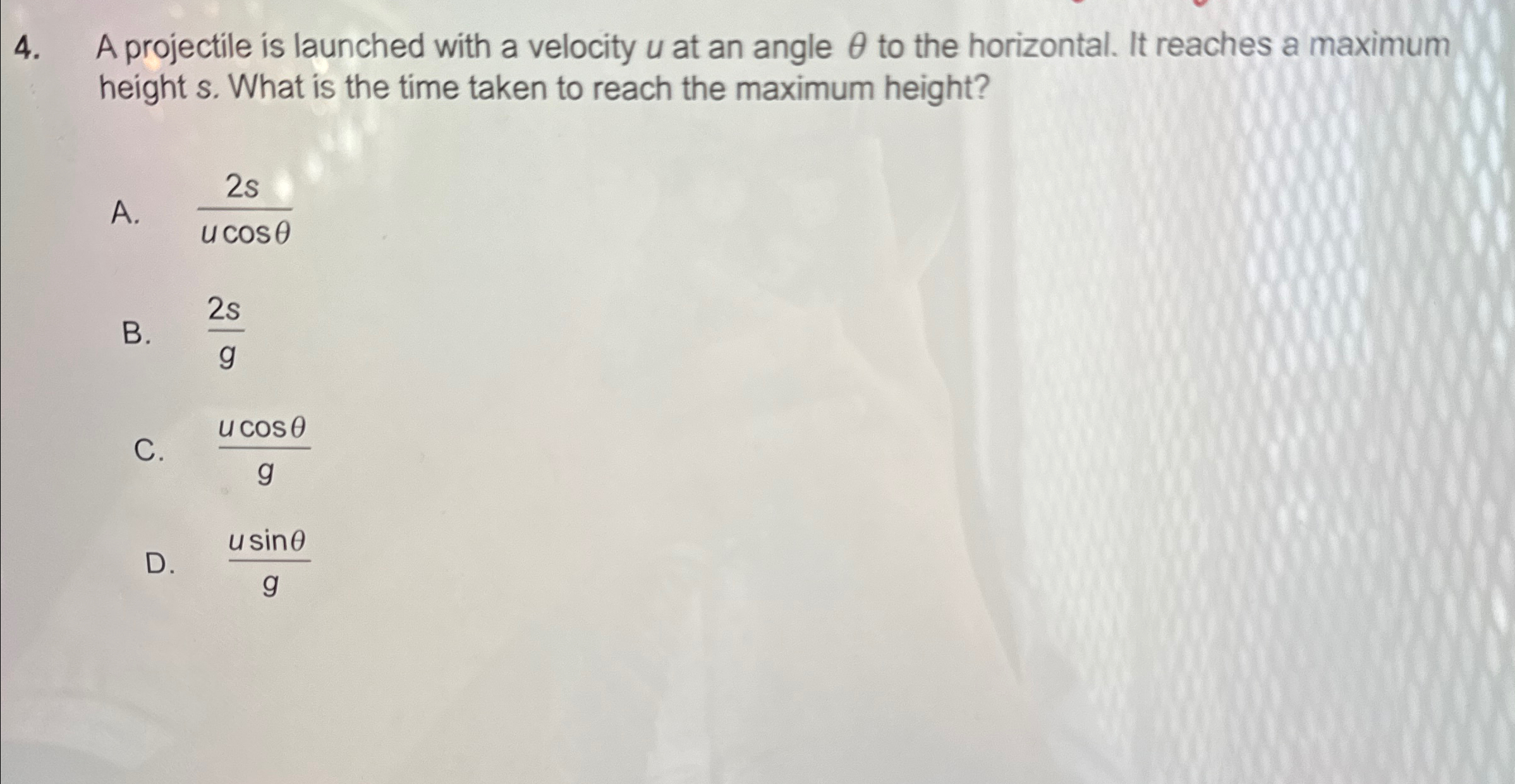 Solved A projectile is launched with a velocity u ﻿at an | Chegg.com
