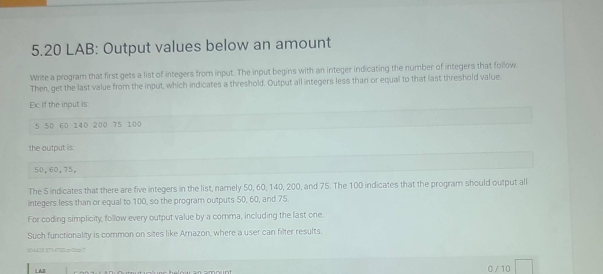 Solved 520 Lab Output Values Below An Amount Write A
