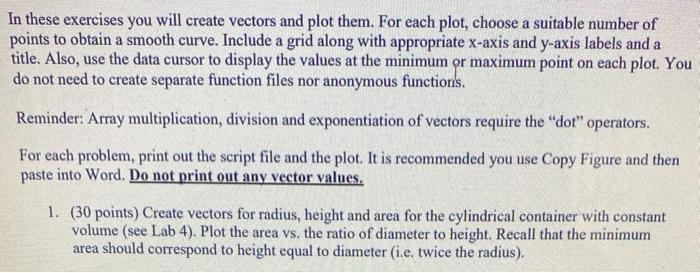 Solved matlab help for creating vectors and plotting with | Chegg.com