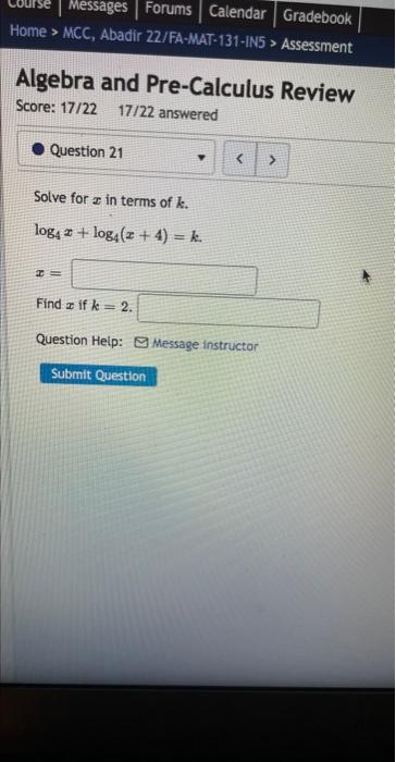 Solved Algebra and Pre-Calculus Review Score: 17/22 17/22 | Chegg.com