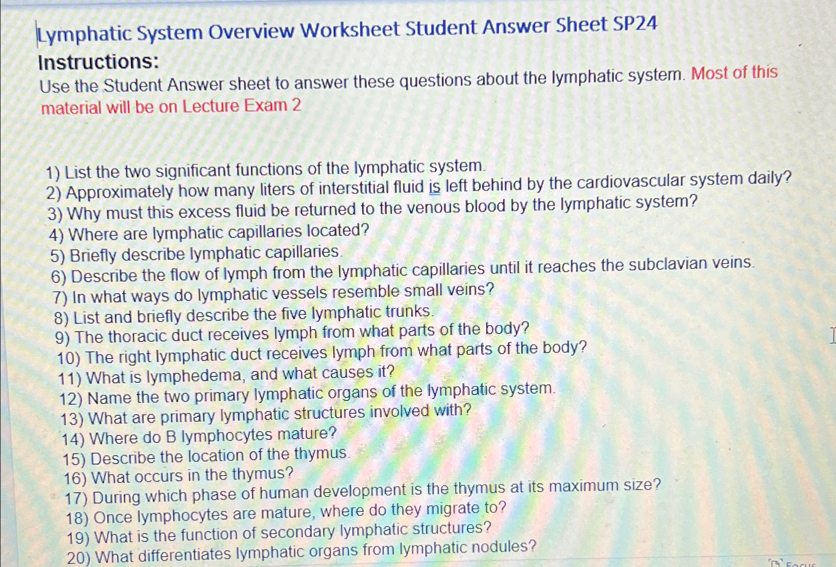 Solved Lymphatic System Overview Worksheet Student Answer | Chegg.com