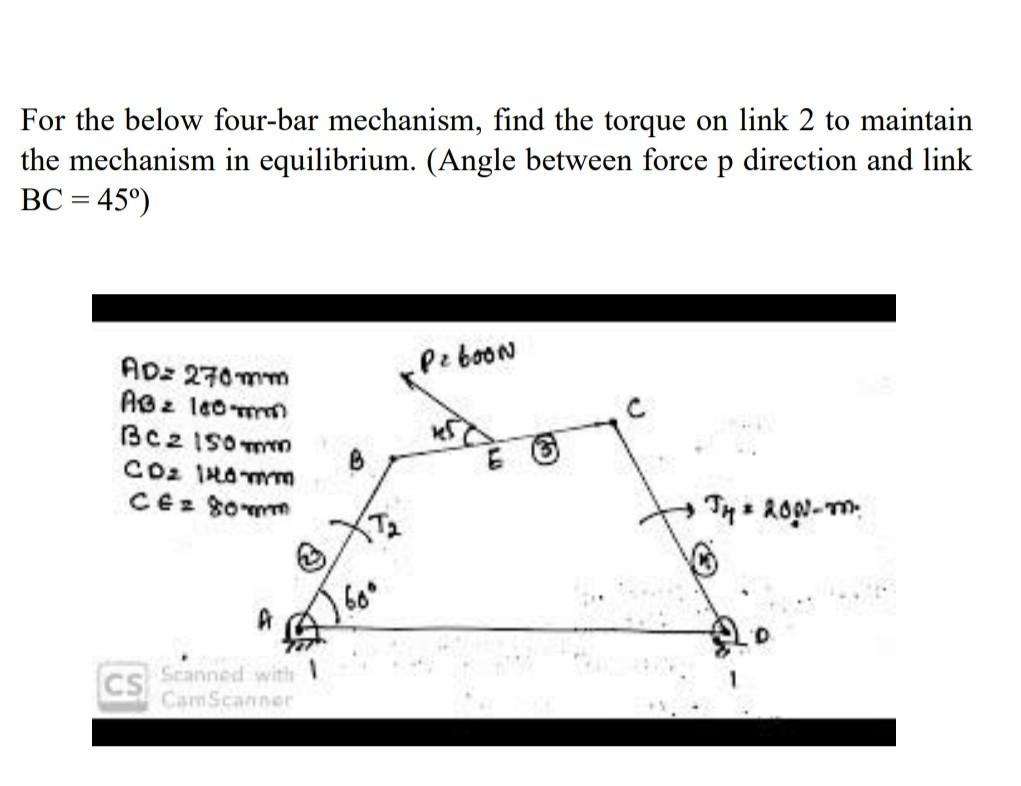 Solved For the below four-bar mechanism, find the torque on | Chegg.com