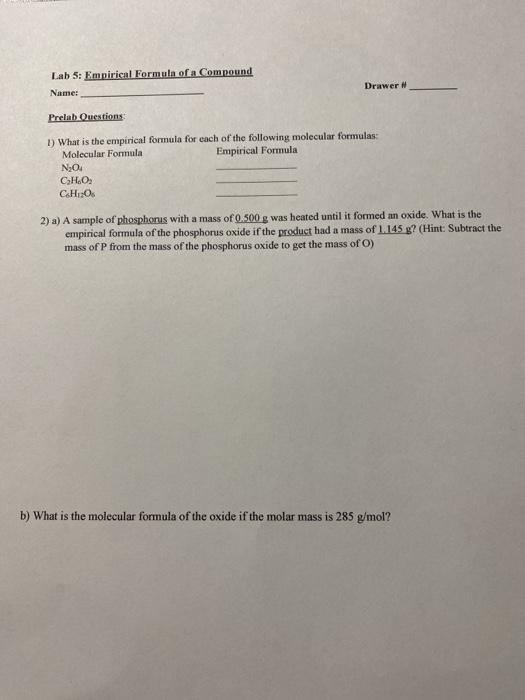 Solved Lab 5: Empirical Formula of a Compound Name: Drawer | Chegg.com