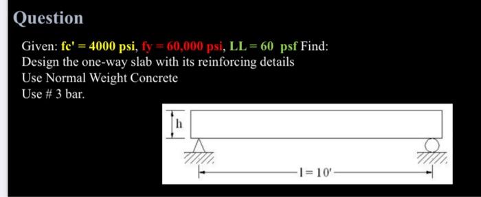 Solved Given: fc′=4000 psi, fy =60,000 psi, LL =60 psf Find: | Chegg.com