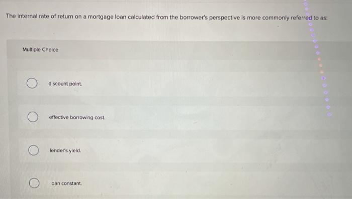 Solved The internal rate of return on a mortgage loan | Chegg.com