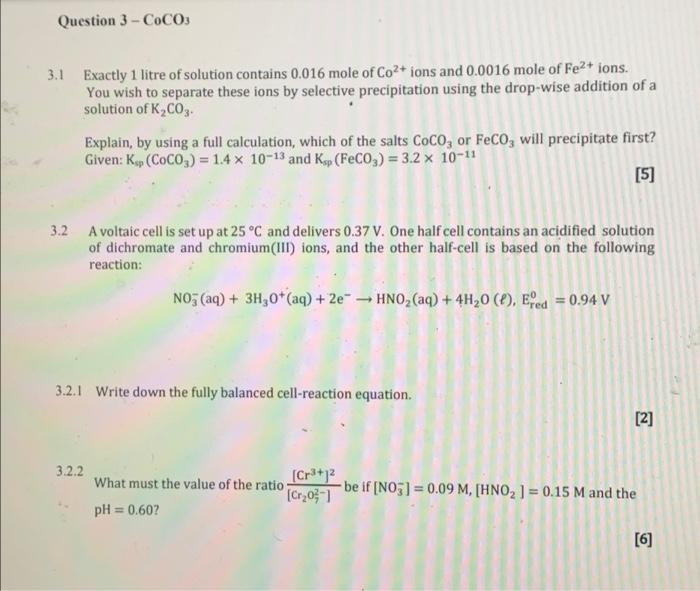 Solved Question 3 - COCO: 3.1 Exactly 1 litre of solution | Chegg.com