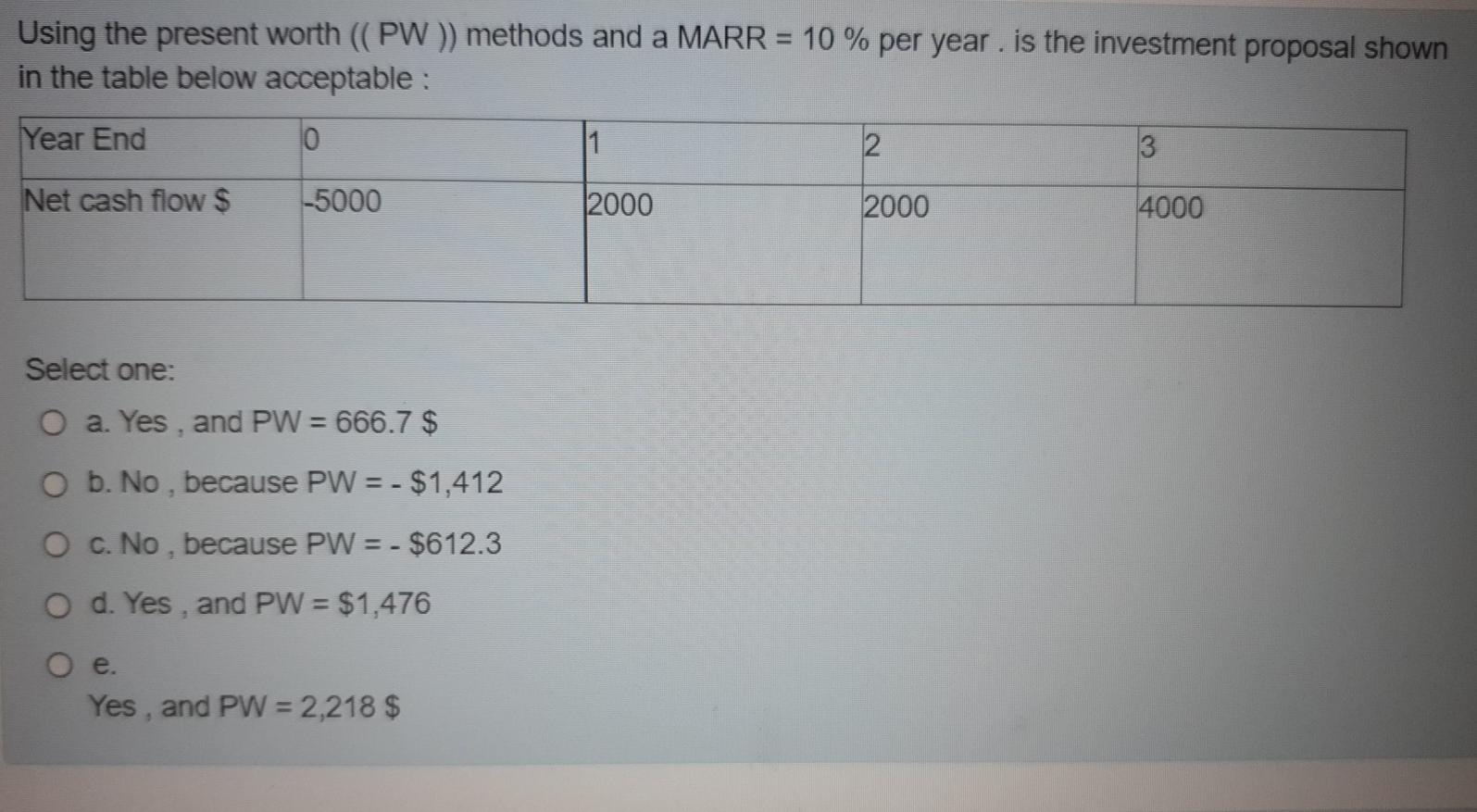 Solved Using the present worth ((PW)) methods and a MARR = | Chegg.com