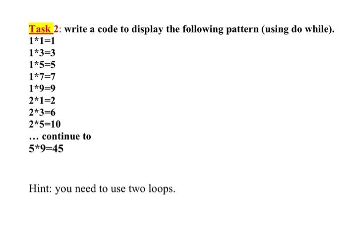 Solved Task 2: write a code to display the following pattern | Chegg.com