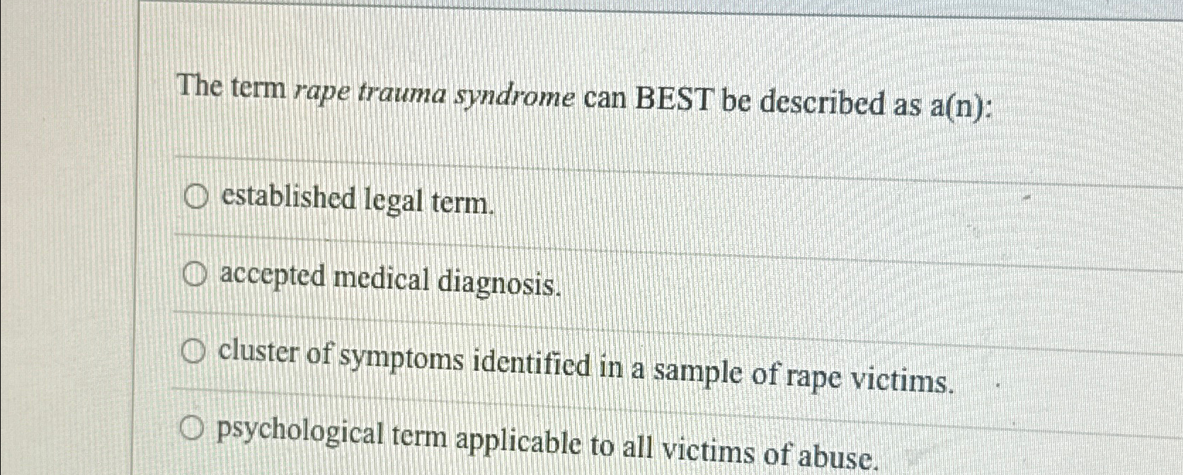 Solved The term rape trauma syndrome can BEST be described | Chegg.com