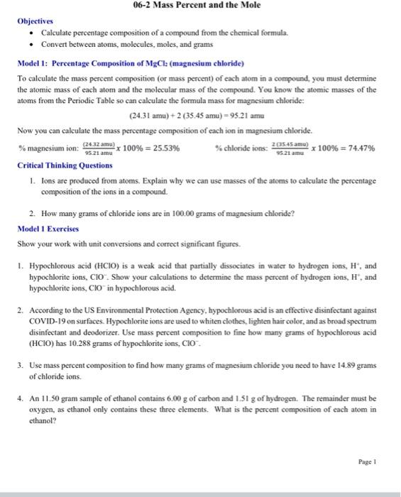 Solved 06-2 Mass Percent and the Mole Objectives Calculate | Chegg.com