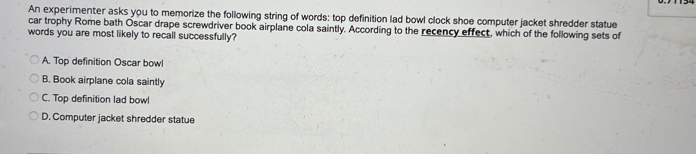 Solved An experimenter asks you to memorize the following | Chegg.com