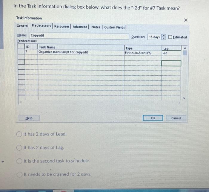 Solved In the Task Information dialog box below, what does | Chegg.com