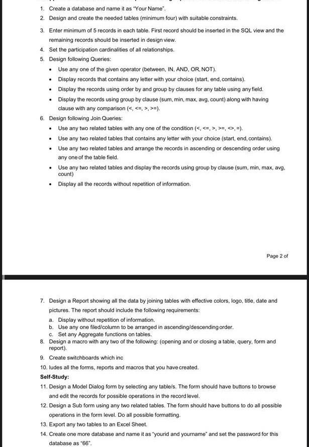 Solved 1. Create a database and name it as "Your Name". 2. | Chegg.com