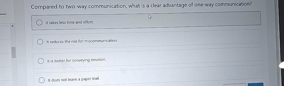 Solved Compared to two-way communication, what is a clear | Chegg.com