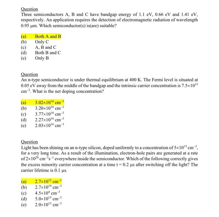 Solved Question Three semiconductors A, B and C have bandgap | Chegg.com