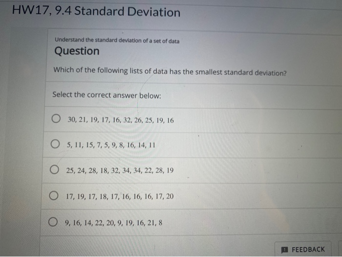 Solved HW17, 9.4 Standard Deviation Understand the standard | Chegg.com
