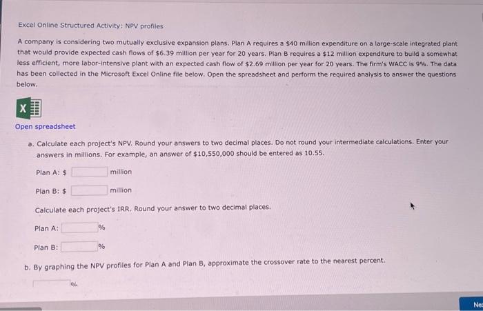 Solved Excel Online Structured Activity: NPV profiles A | Chegg.com