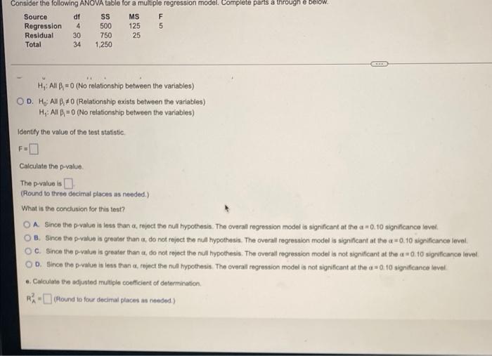 Solved Consider the following ANOVA table for a multiple | Chegg.com
