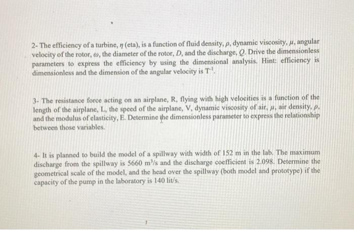 Solved 2- The efficiency of a turbine, n (eta), is a | Chegg.com