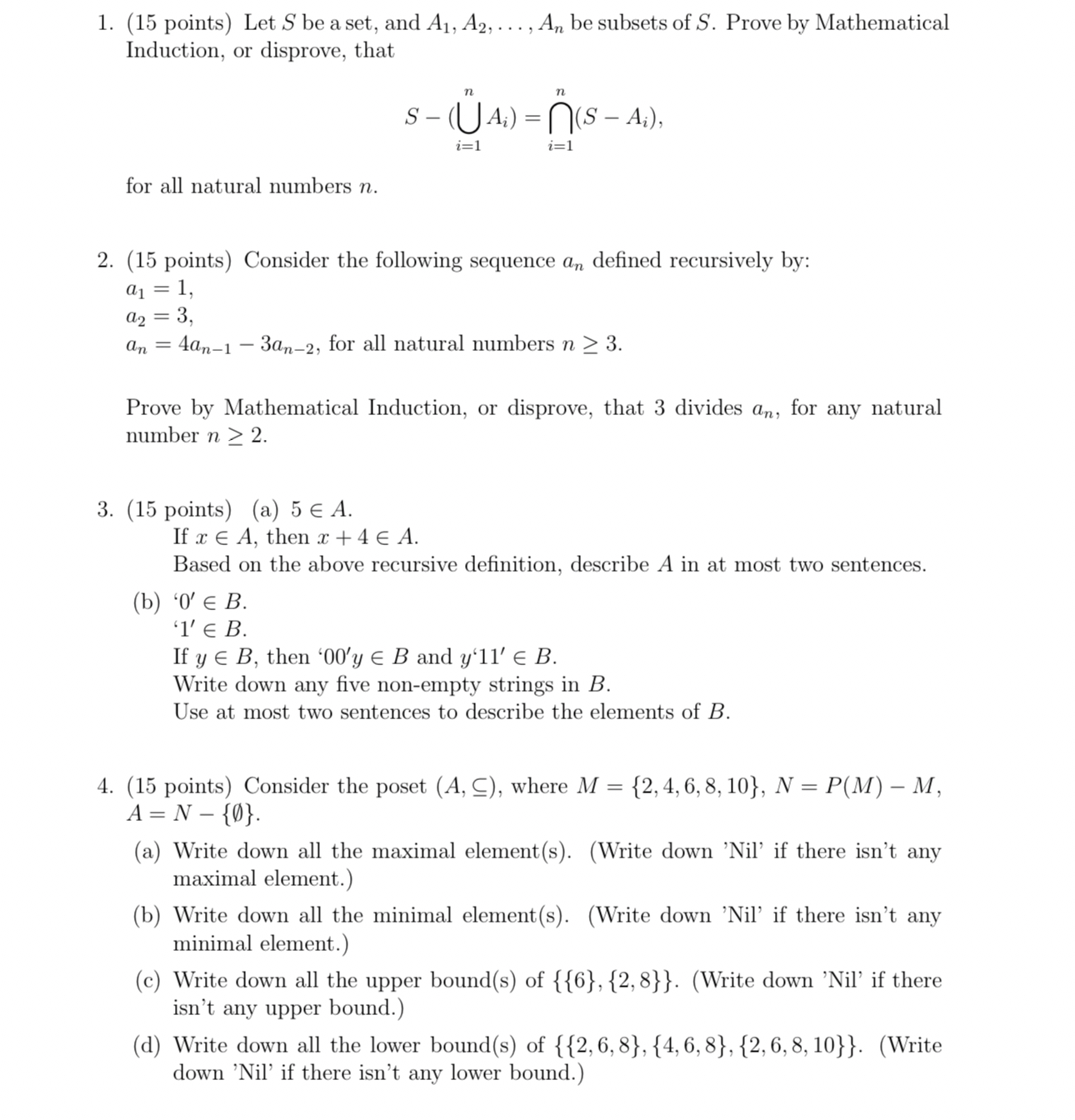 Solved (15 points) Let S be a set, and A1,A2,dots,An be | Chegg.com Solved (15 points) Let S be a set, and A1,A2,dots,An be | Chegg.com