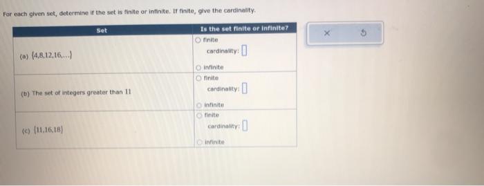 Solved For each given set, determine if the set is finite or | Chegg.com