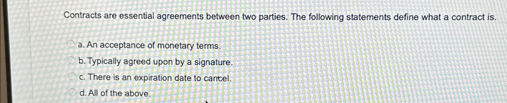 Solved Contracts are essential agreements between two | Chegg.com