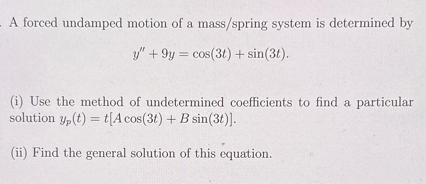 Solved A forced undamped motion of a mass/spring system is | Chegg.com