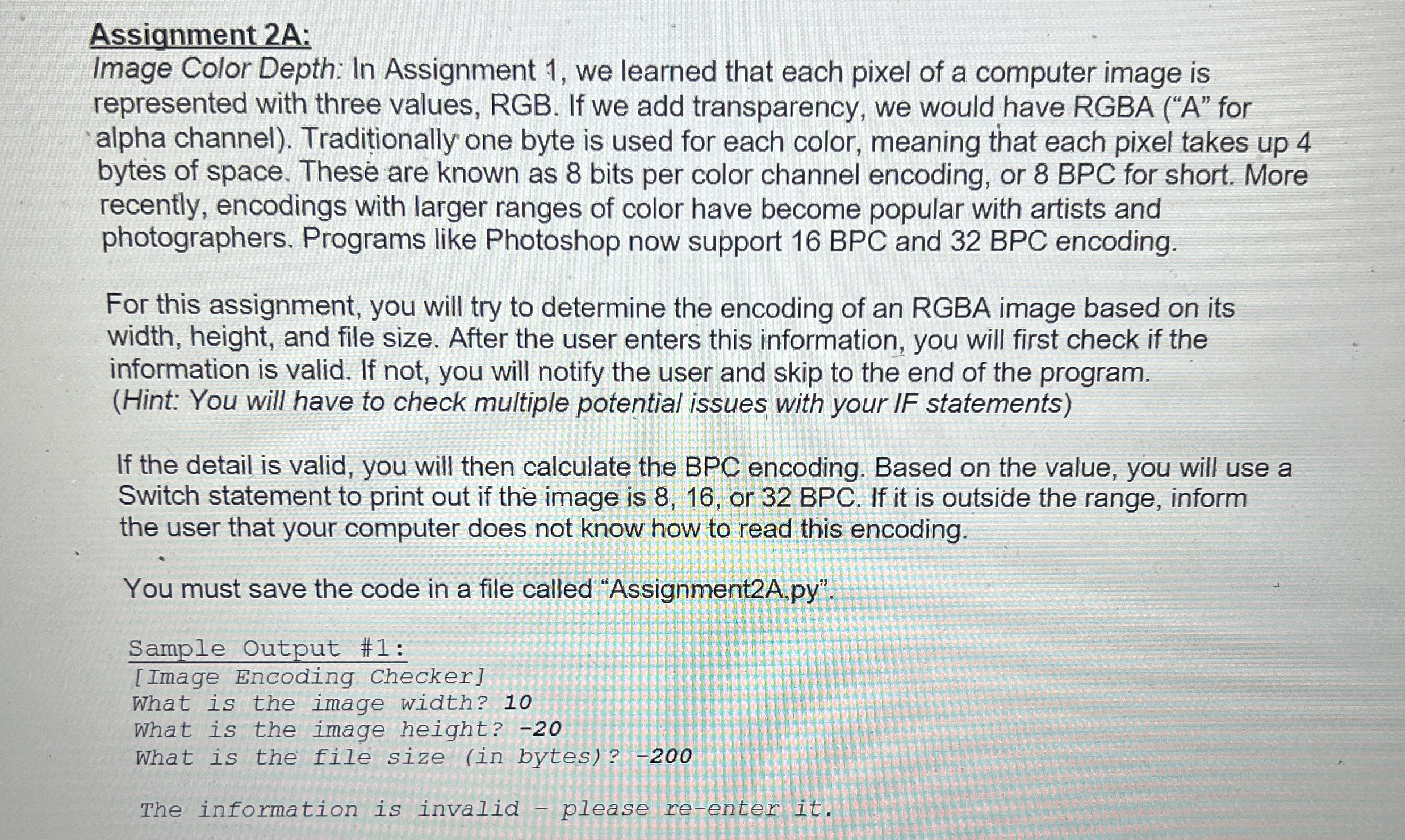 Solved Assignment 2A:Image Color Depth: In Assignment 1, ﻿we | Chegg.com