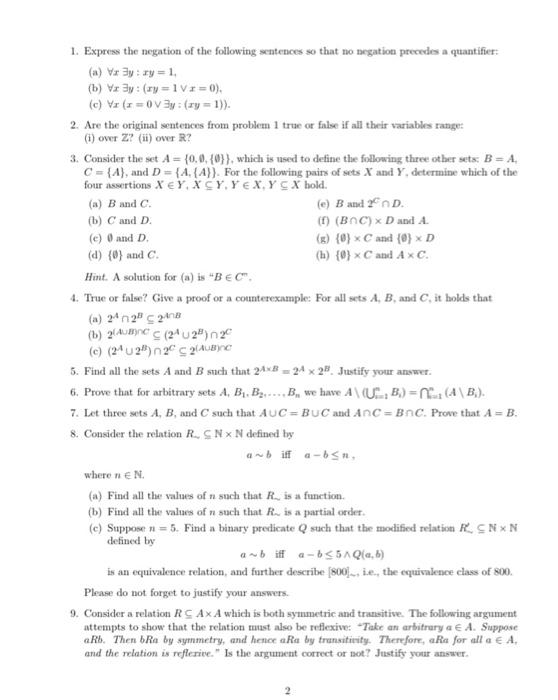 Solved 1. Express the negation of the following scntences so | Chegg.com