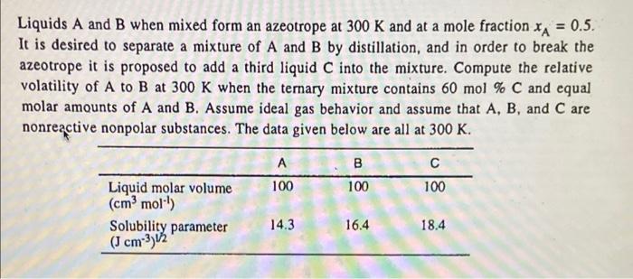 Solved = Liquids A and B when mixed form an azeotrope at 300 | Chegg.com
