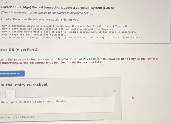Solved Exercise 6-9 (Algo) Record transactions using a | Chegg.com Solved Exercise 6-9 (Algo) Record transactions using a | Chegg.com
