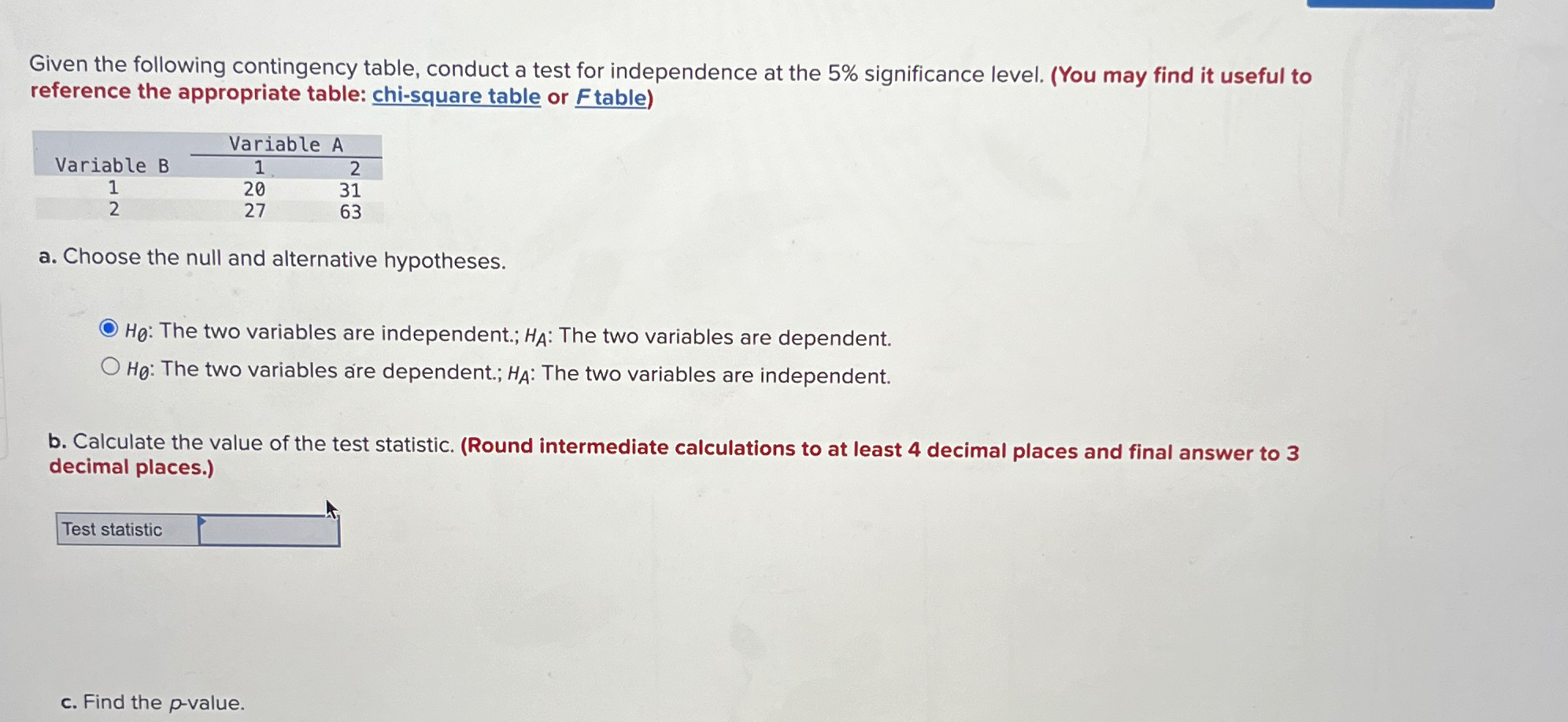 Solved Given the following contingency table, conduct a test | Chegg.com