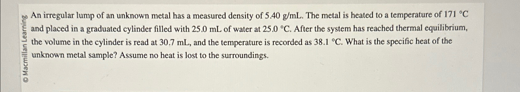 Solved An irregular lump of an unknown metal has a measured | Chegg.com