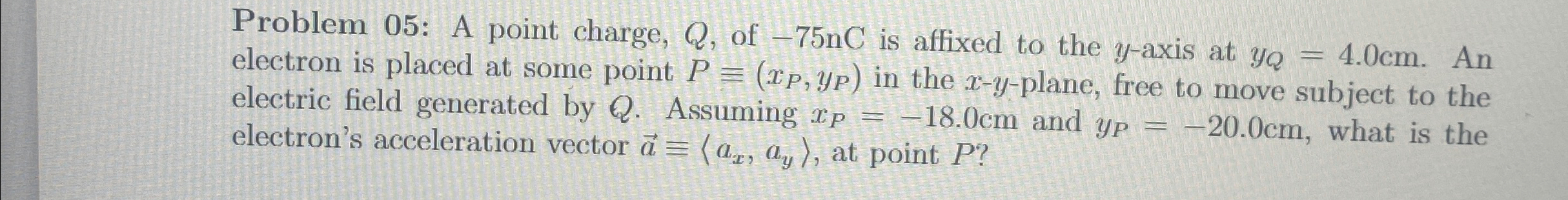Solved Problem 05: A point charge, Q, ﻿of -75nC ﻿is affixed | Chegg.com