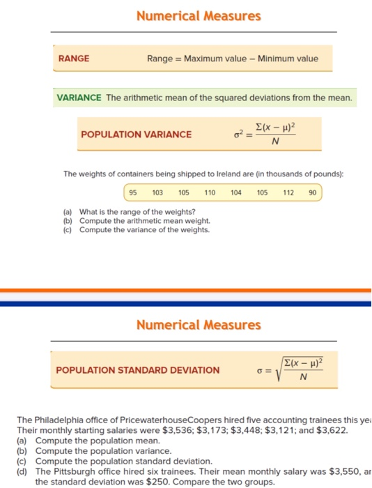 Solved Numerical Measures RANGE Range = Maximum value - | Chegg.com