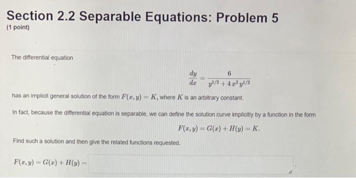 Solved Section 2 2 Separable Equations Problem 5 1 Point