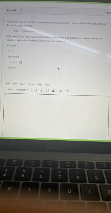(1) 12 points) Ghyen a dictionary d whose valoen are | Chegg.com