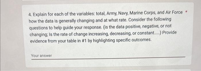 4. Explain for each of the variables: total, Army, | Chegg.com