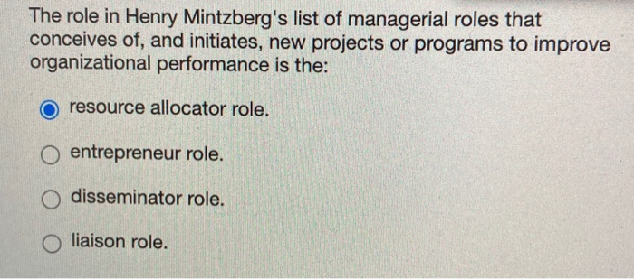 Solved The role in Henry Mintzberg's list of managerial | Chegg.com