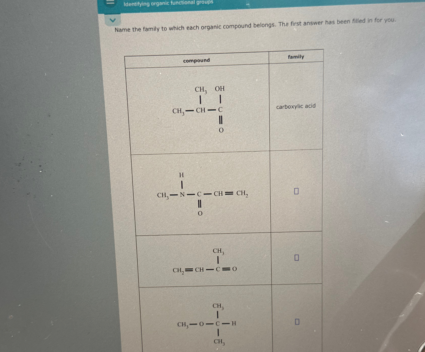 Solved Identifying organic functional groupsName the family | Chegg.com