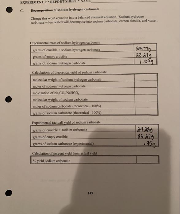 Solved EXPERIMENT 9 REPORT SHEET NAME A Single replacement | Chegg.com