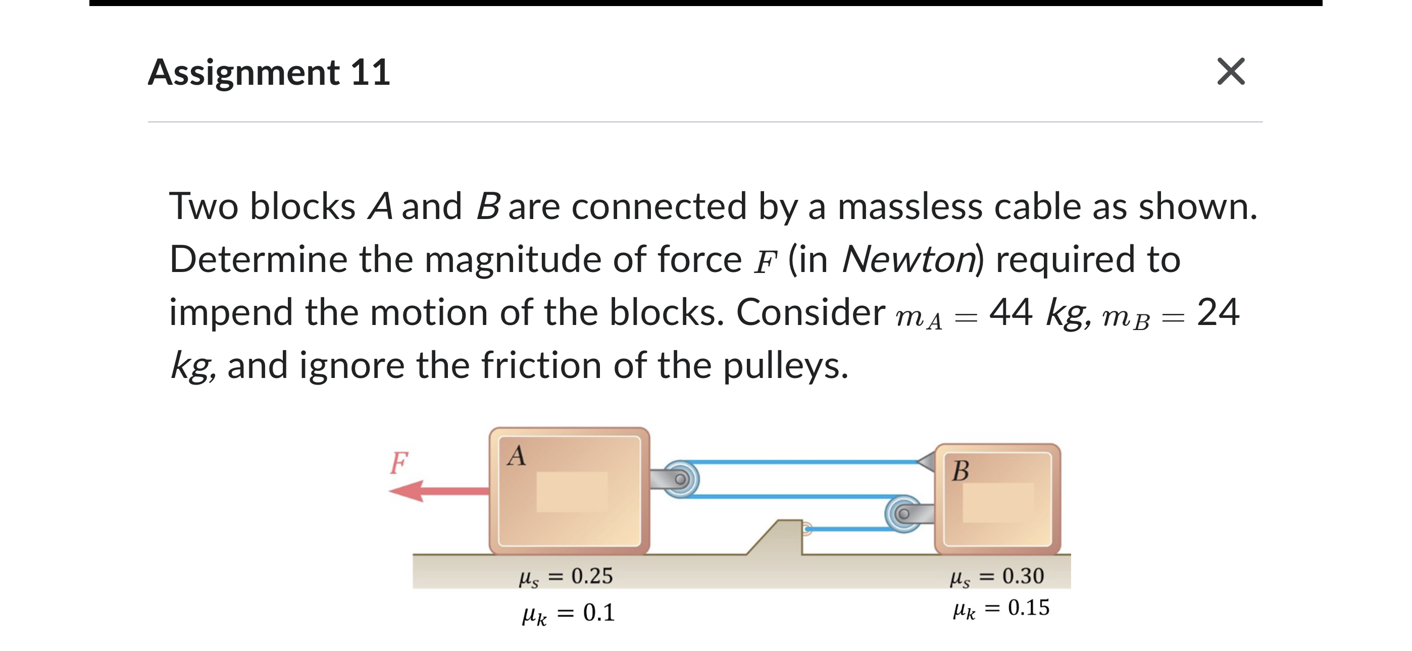 Solved Assignment 11Two blocks A and B ﻿are connected by a | Chegg.com
