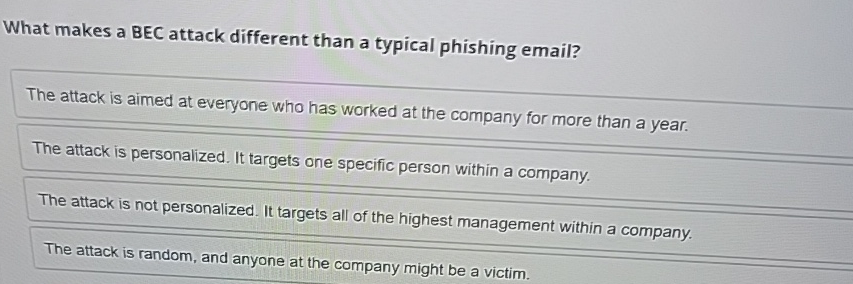 Solved What makes a BEC attack different than a typical | Chegg.com