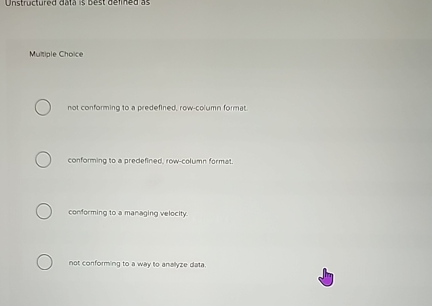 Solved Unstructured data is best deined asMultiple Choicenot | Chegg.com