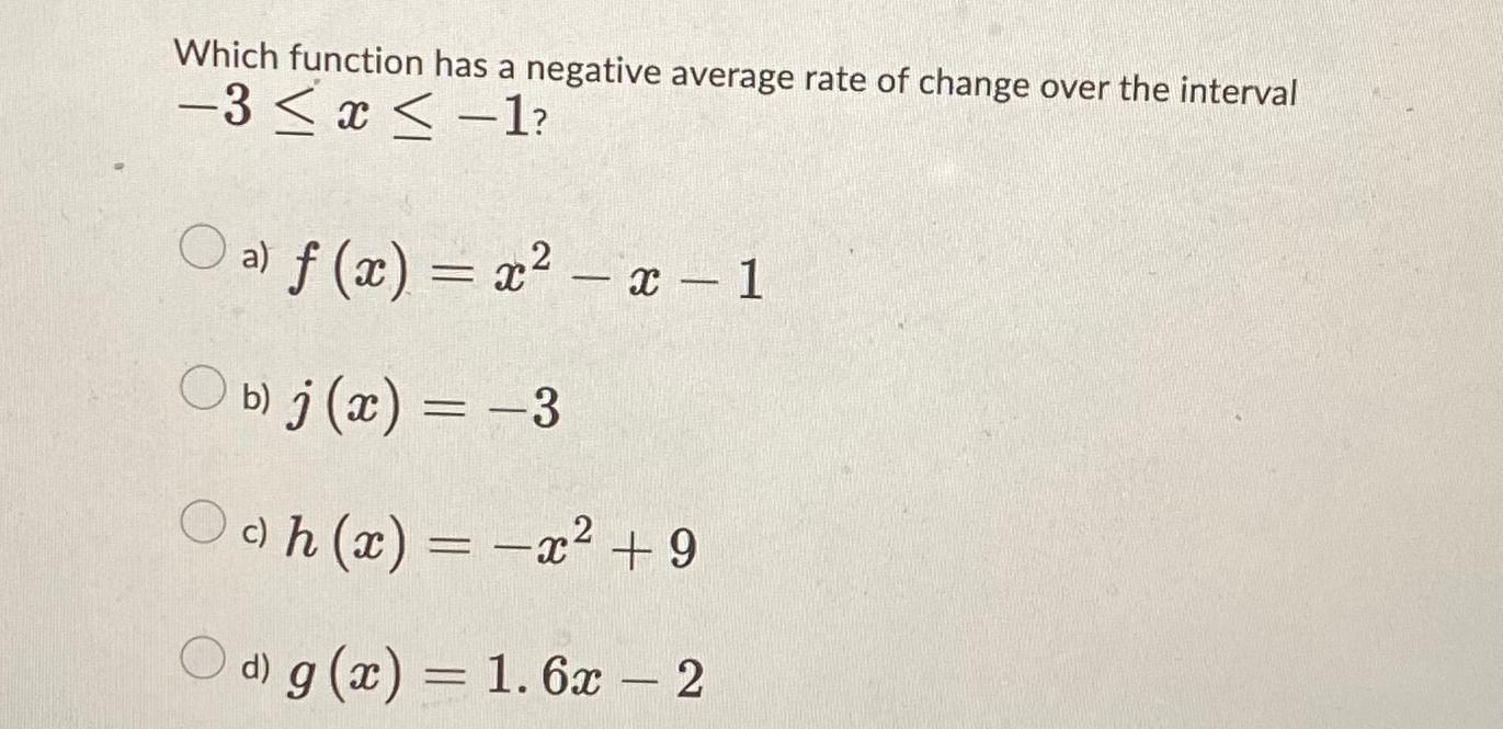 Solved Which function has a negative average rate of change | Chegg.com