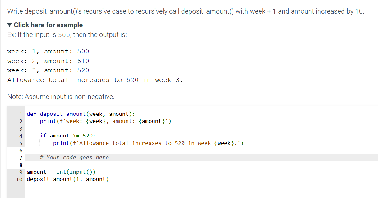 Solved Write deposit_amount()'s recursive case to | Chegg.com