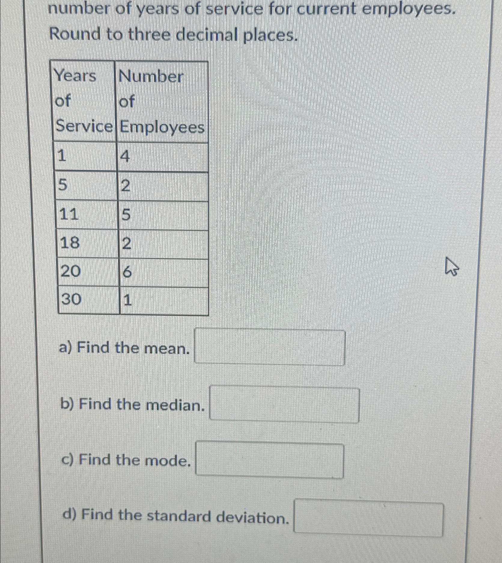 Solved number of years of service for current employees. | Chegg.com