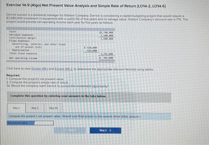 Solved Exercise 14-9 (Algo) Net Present Value Analysis and | Chegg.com